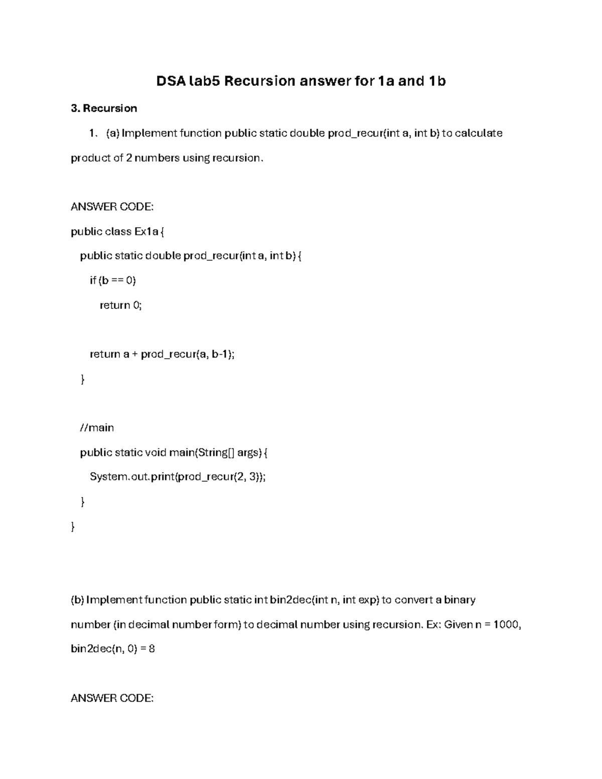 DSA Lab 5: Recursion Solutions for 1a and 1b - Studocu
