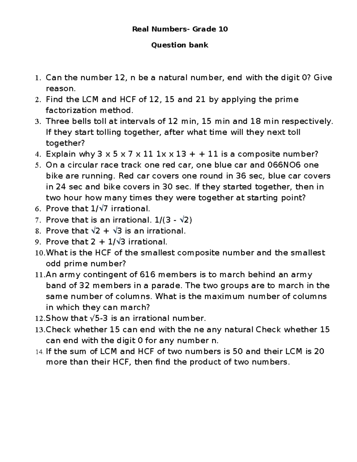 Math Grade 10 Question Bank: LCM, HCF, and Irrational Numbers - Studocu