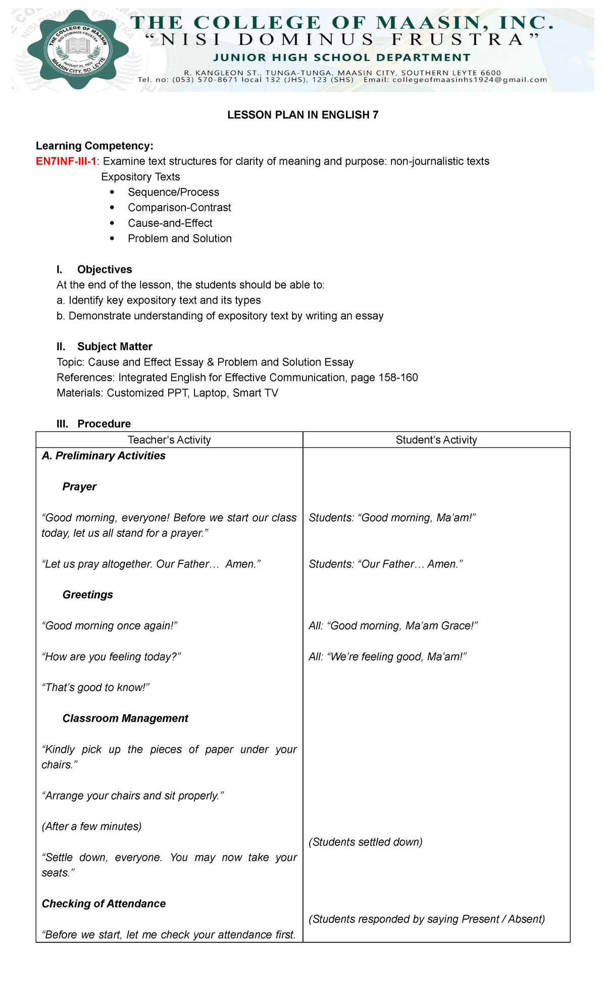 LP EN7INF-III-1: Cause and Effect & Problem-Solution Essay Plan - Studocu
