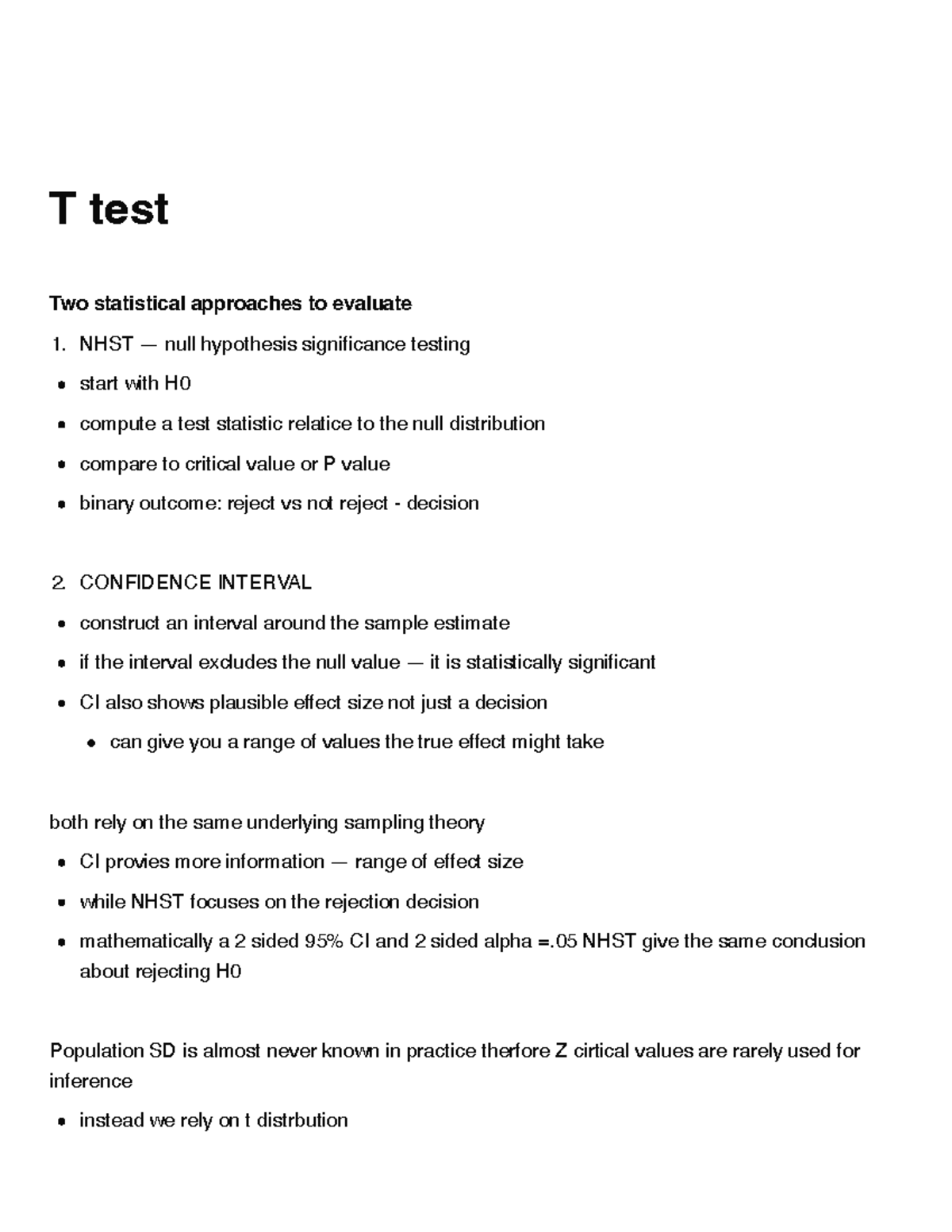 T Test - Notes on Statistical Approaches and Confidence Intervals - Studocu