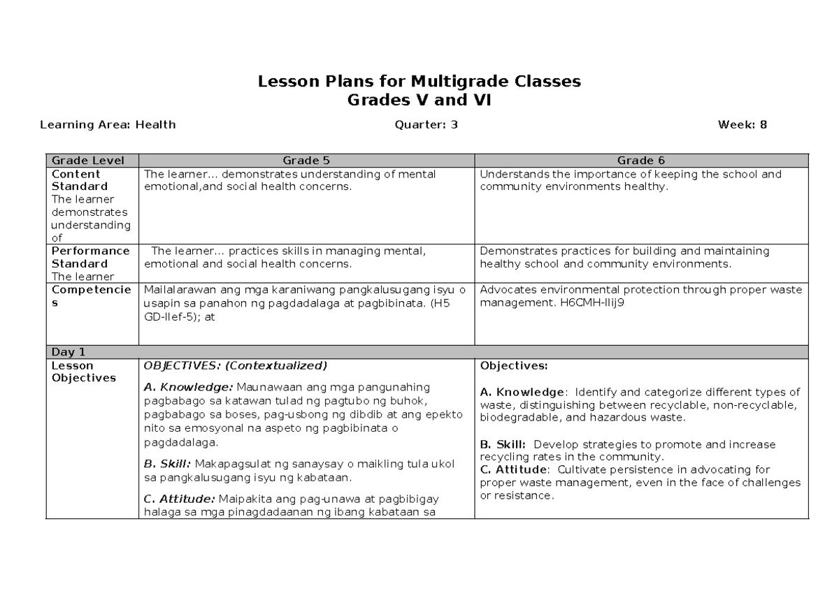 HEALTH 5&6: Lesson Plans on Puberty and Environmental Advocacy - Studocu