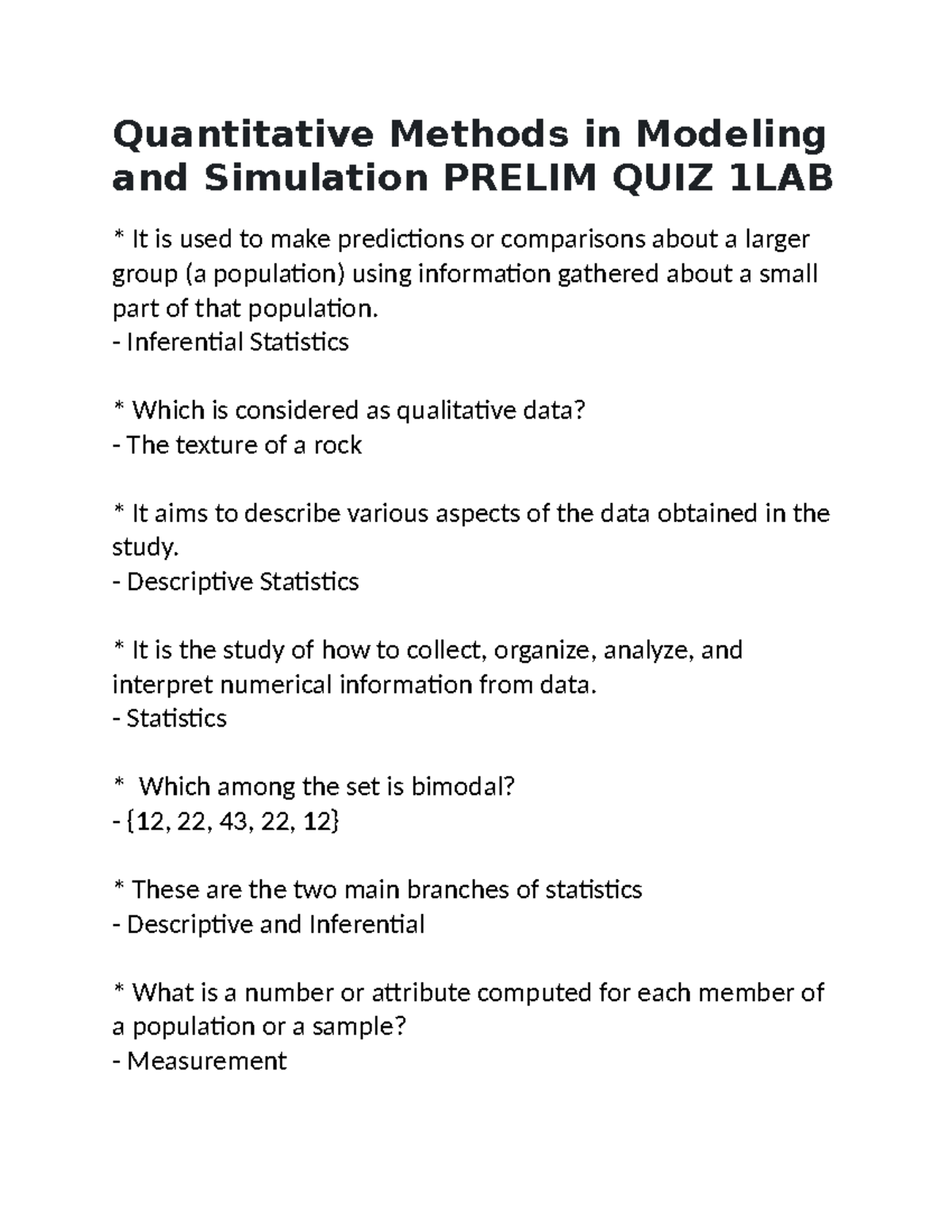 Quantitative Methods in Modeling & Simulation PRELIM QUIZ 1 - Studocu