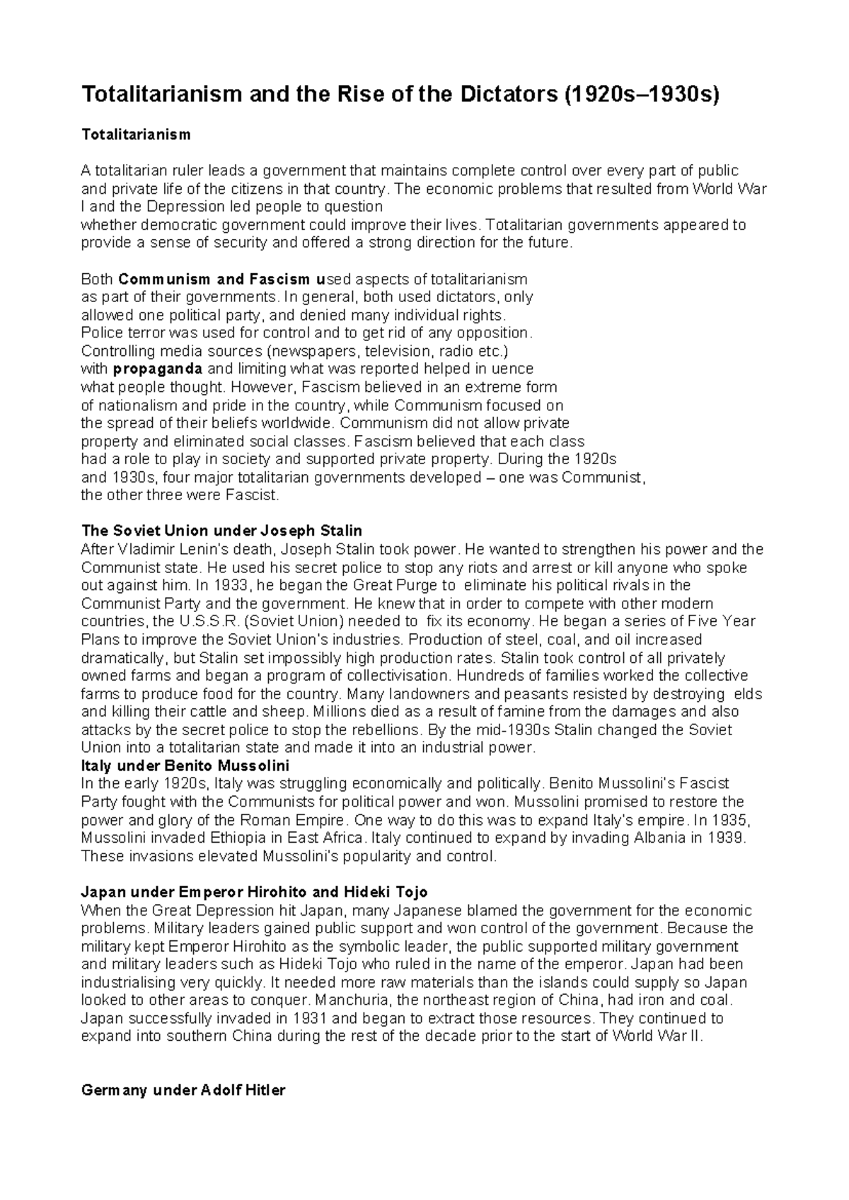 Totalitarianism and the Rise of the Dictators (1920s–1930s ...