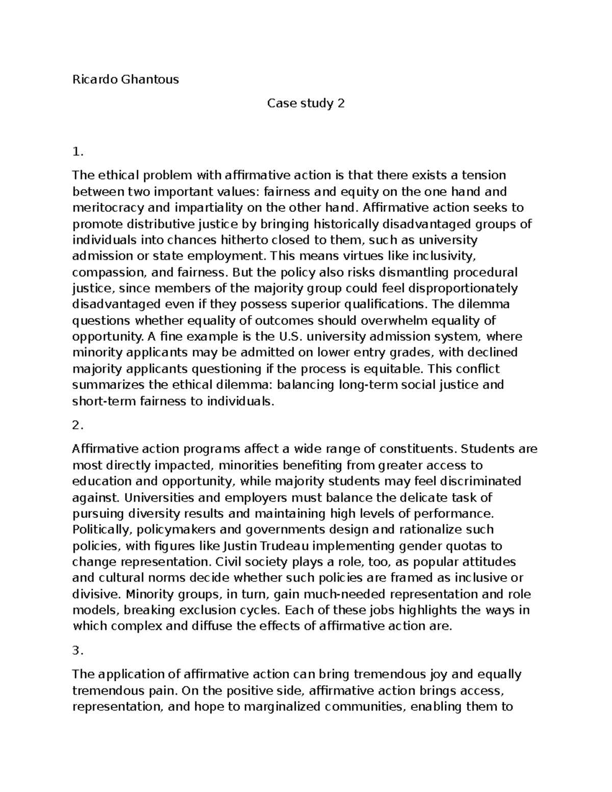 Case Study 2: Ethical Dilemmas of Affirmative Action - Studocu