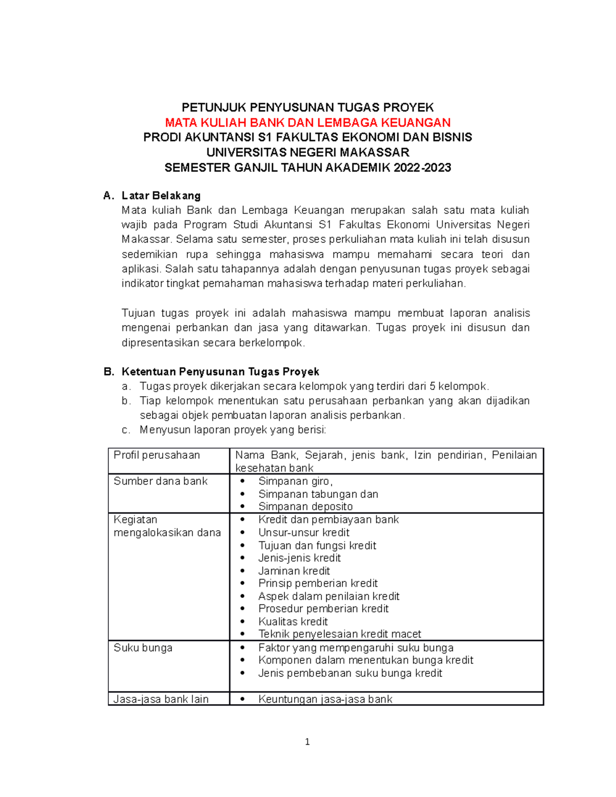 Tugas Proyek MK Bank dan Lembaga Keuangan - Panduan Penyusunan - Studocu