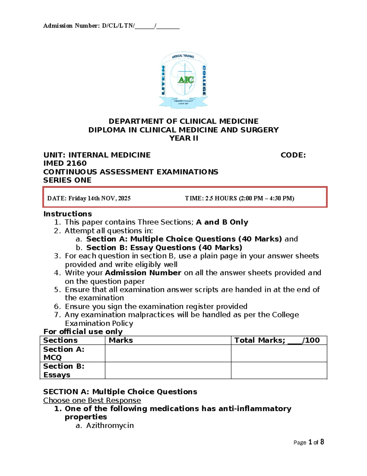 IMED 2160 Continuous Assessment Exam: Internal Medicine Questions - Studocu