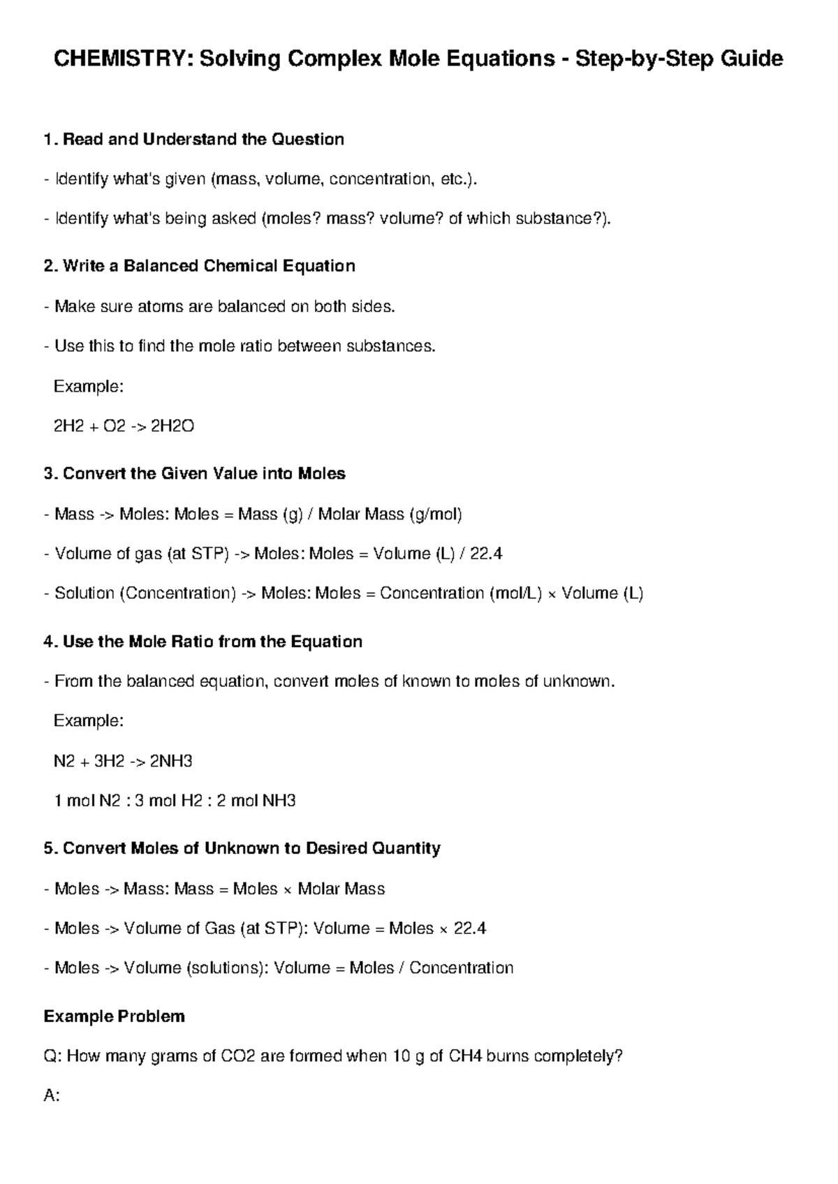 CHEM 101: Comprehensive Guide to Solving Mole Equations - Studocu