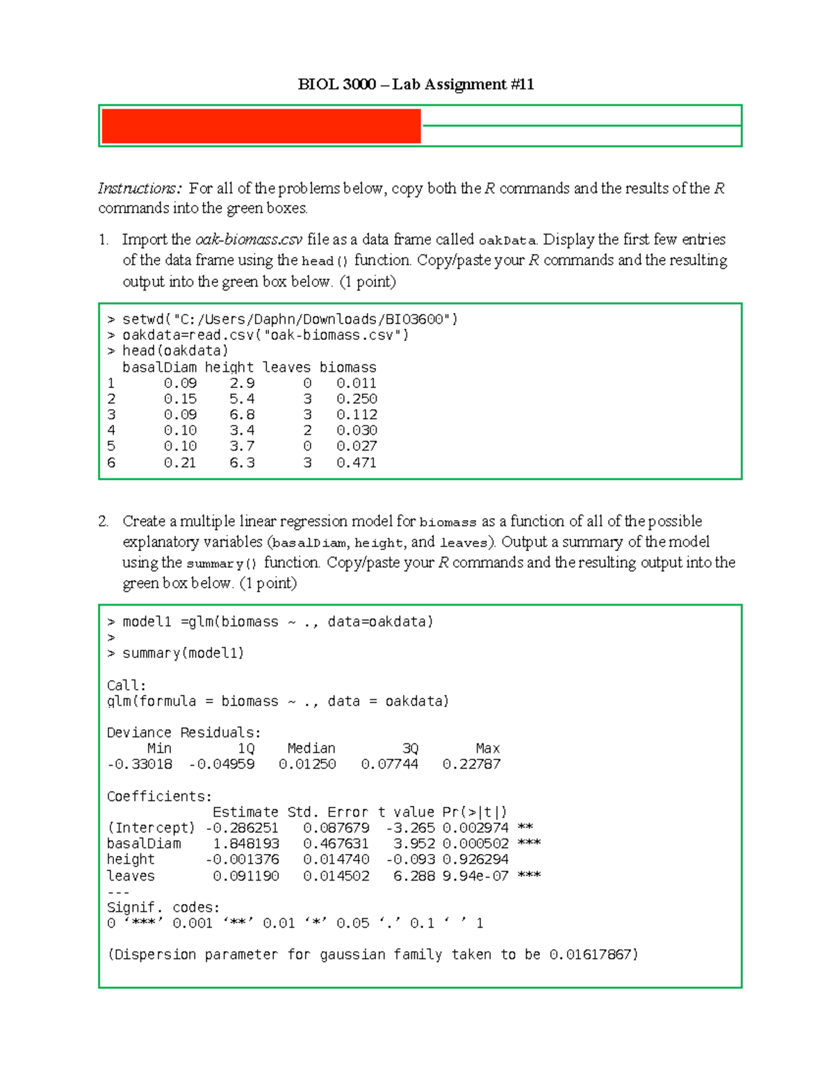 Bio lab 11 - lab - BIOL 3000 – Lab Assignment Name: Daphne Mendoza CIN ...