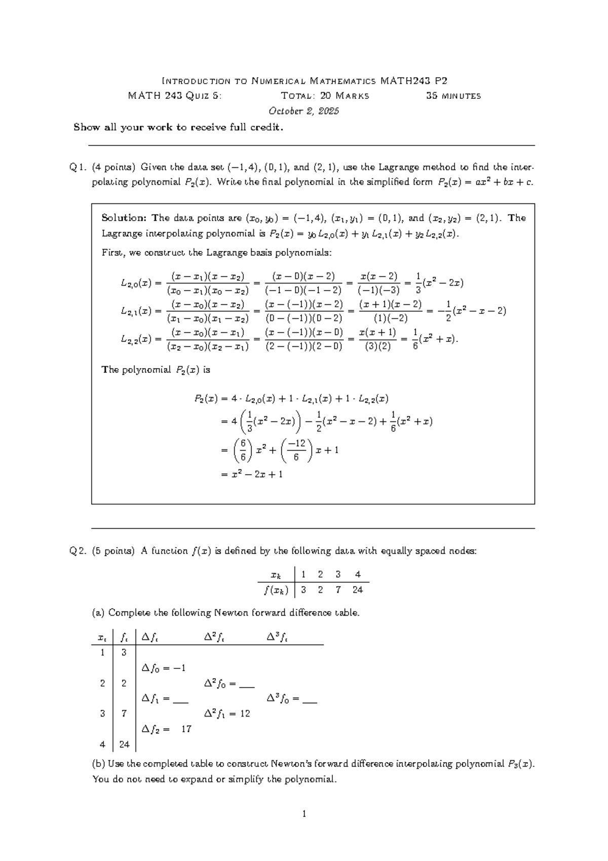 Math243-2025-Quiz 5: Numerical Mathematics Solutions - Studocu