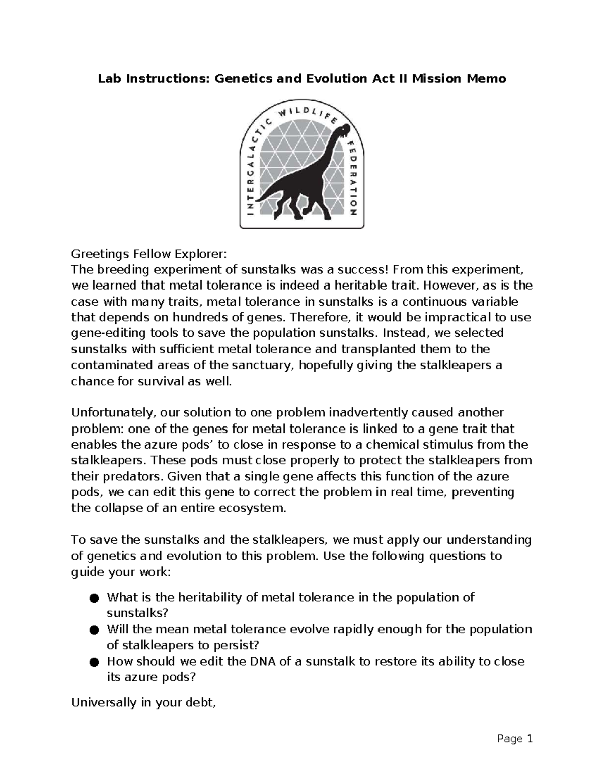 Lab Instructions Genetics and Evolution Act II Mission Memo - However, as is the case with many ...