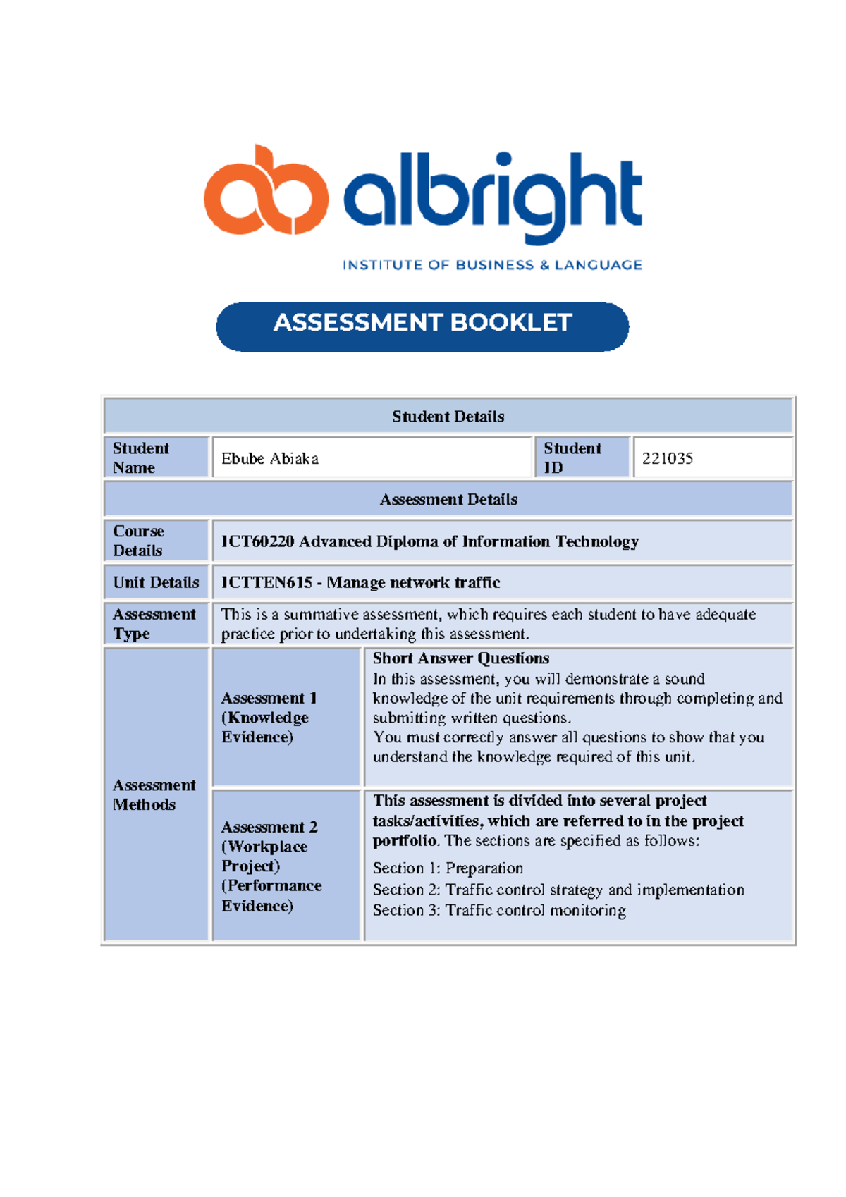 Assessment 1: ICTTEN615 - Manage Network Traffic Guidelines - Studocu
