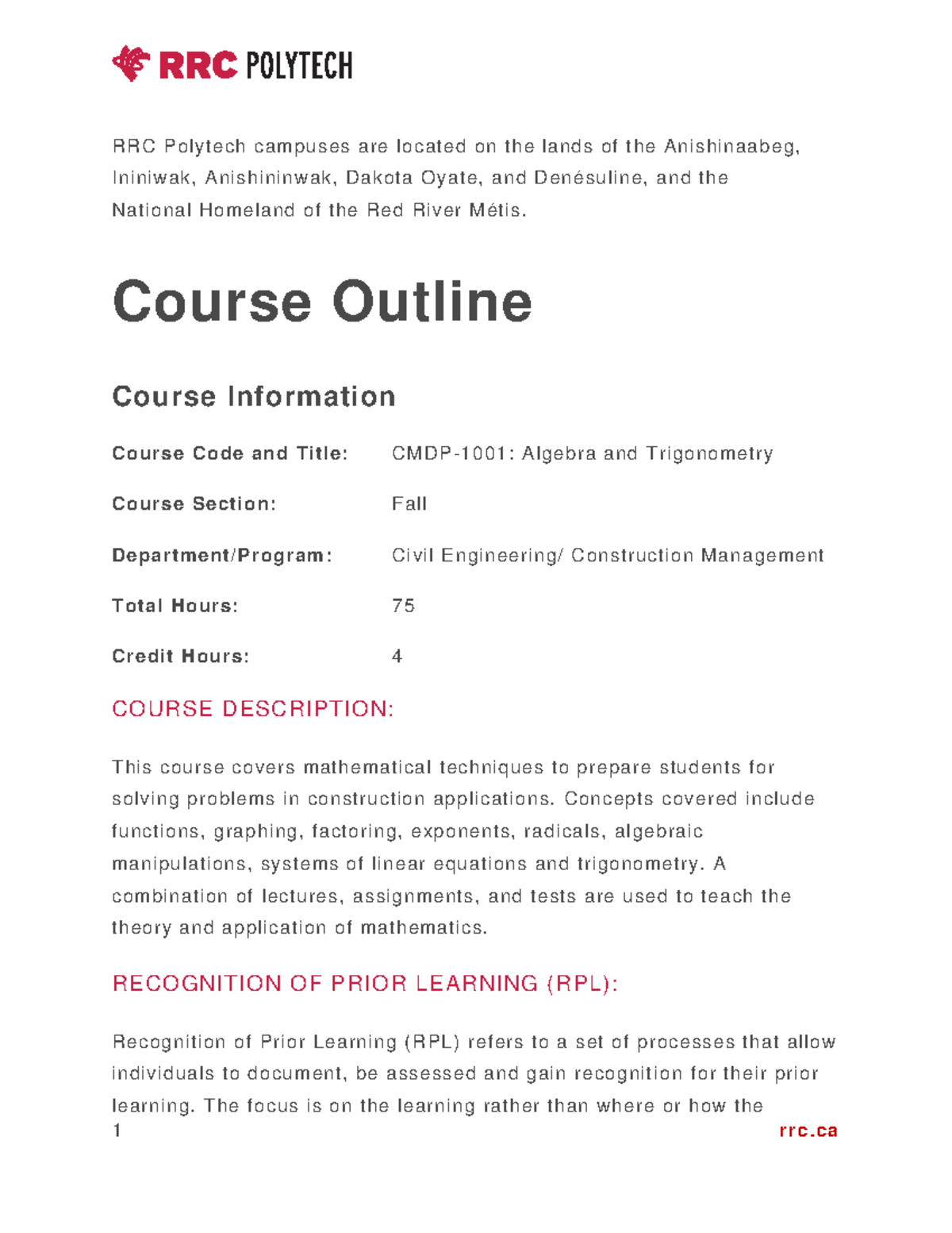 CMDP-1001 Algebra and Trigonometry Course Outline - Fall 2025 - Studocu