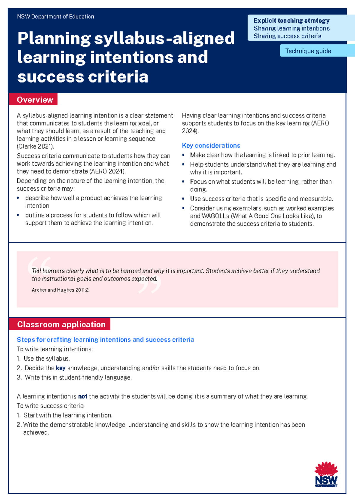 NSW Planning Learning Intentions & Success Criteria Guide - Studocu