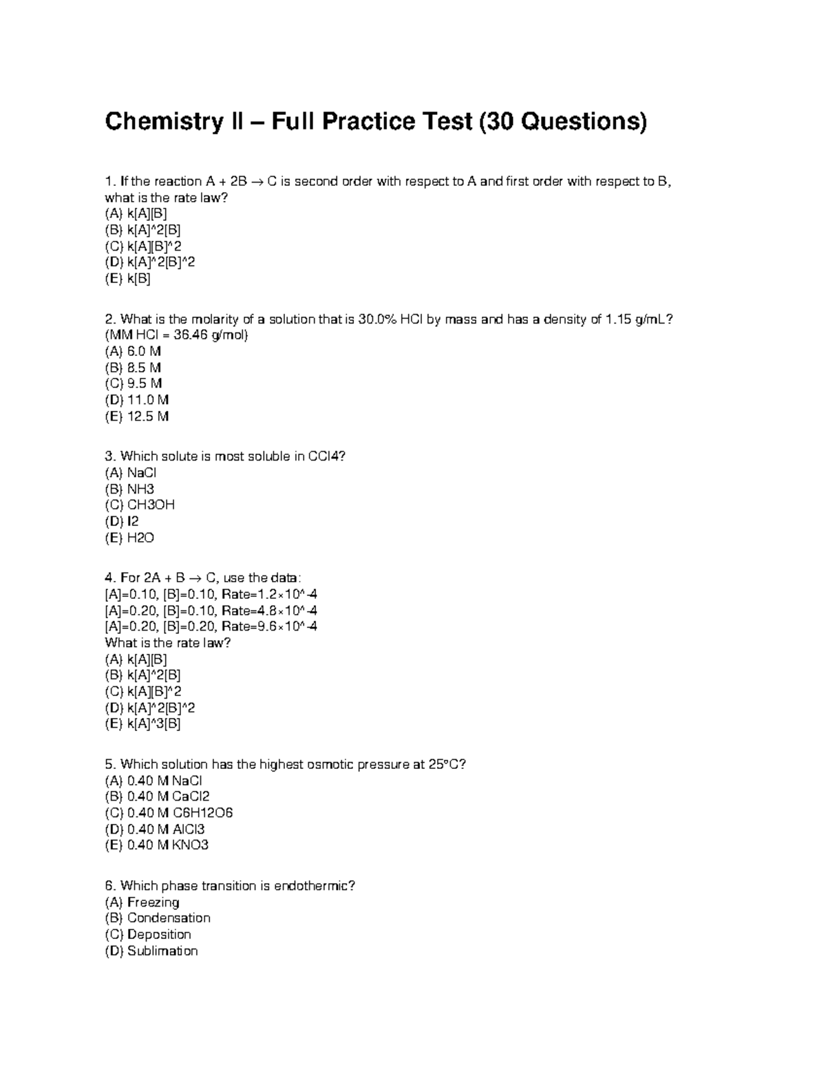 Chemistry II Practice Test: 30 Questions Review - Studocu
