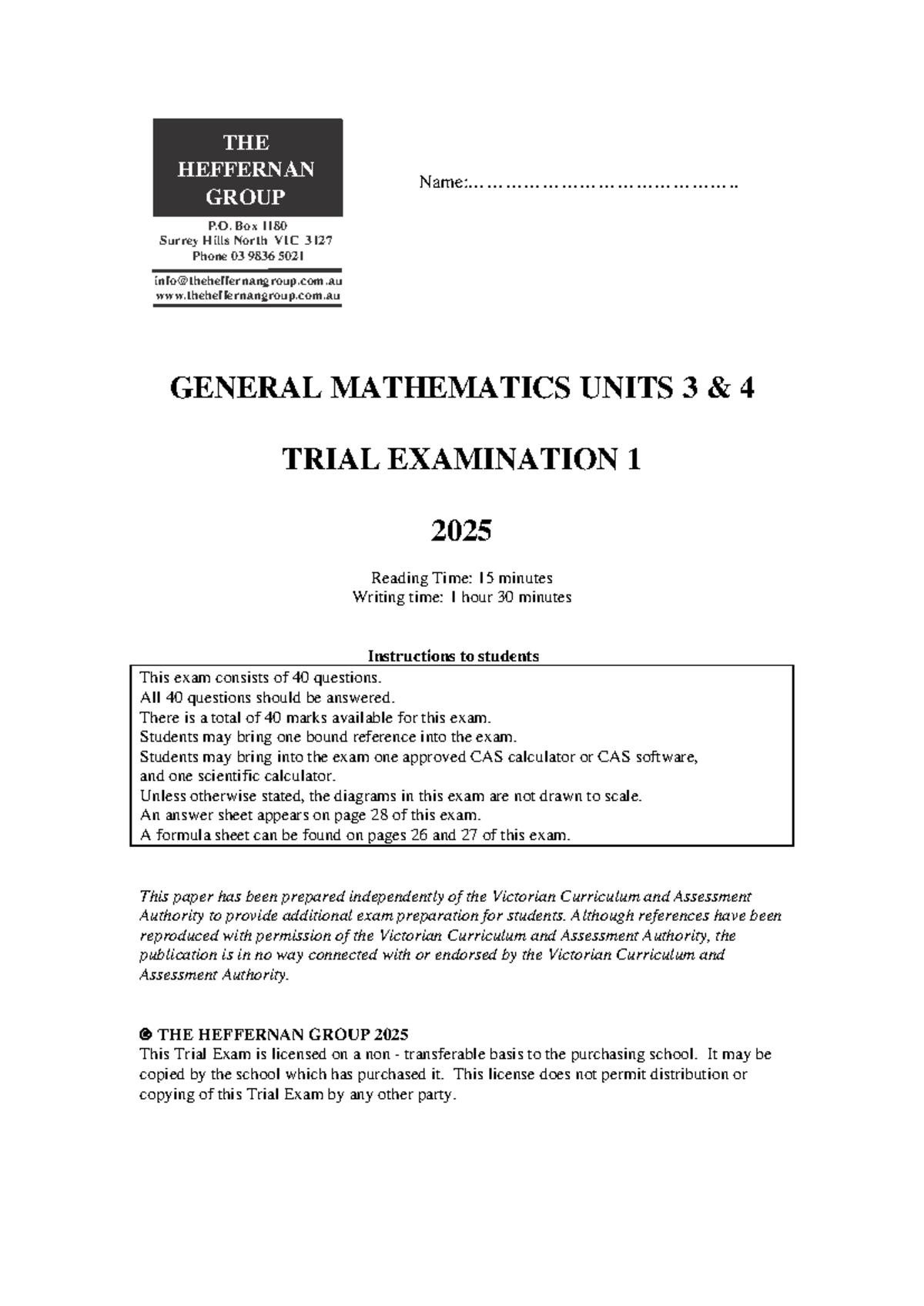 2025 General Maths Units 3 & 4 Trial Exam 1 - Studocu