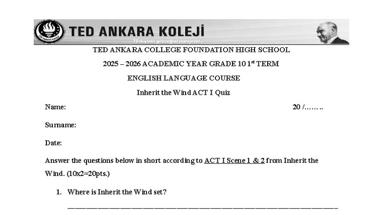 Grade 10 English Quiz: Inherit the Wind Act I - Studocu