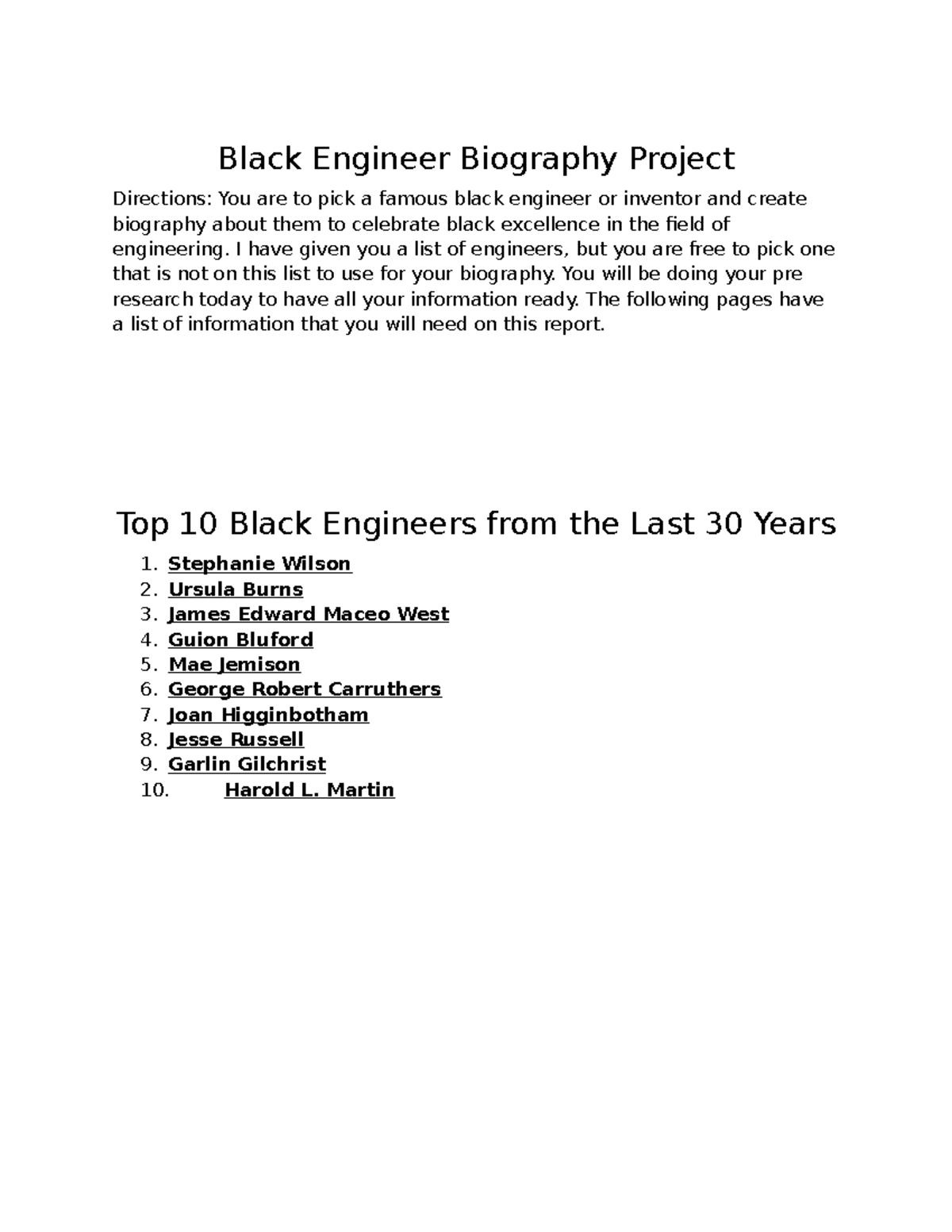 Black Engineering Biographies Project Directions and Guidelines - Studocu