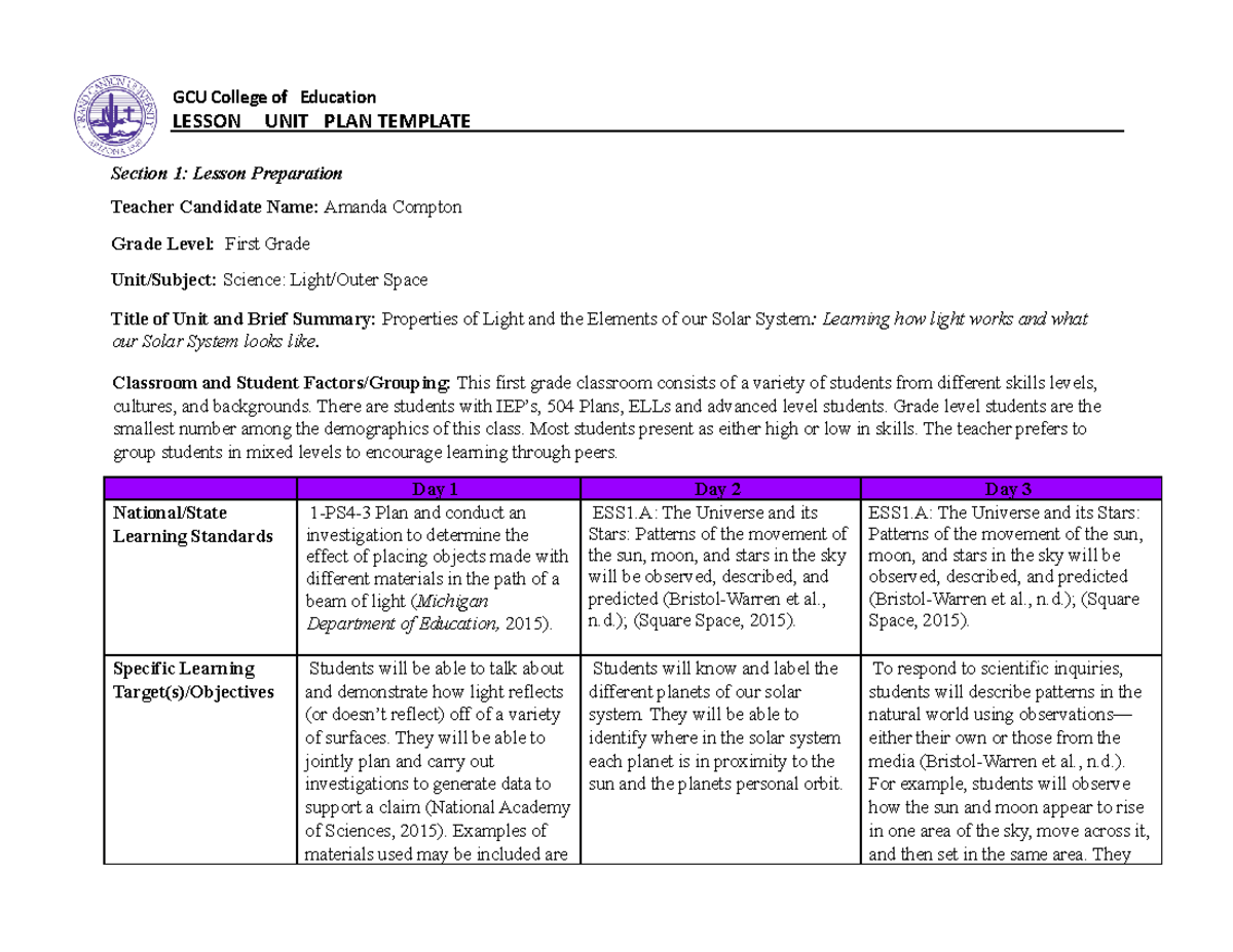 GCU ECE 460 T4 3-Day Science Unit Plan on Light & Solar System - Studocu
