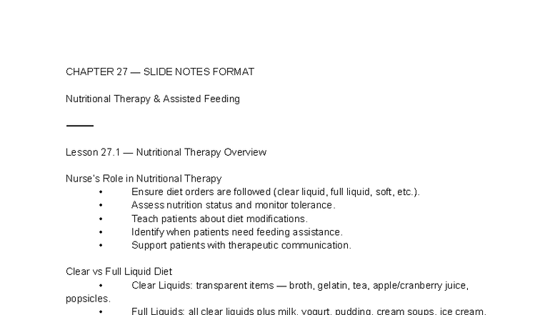 Nutritional Therapy & Assisted Feeding: Lesson 27 Overview and ...