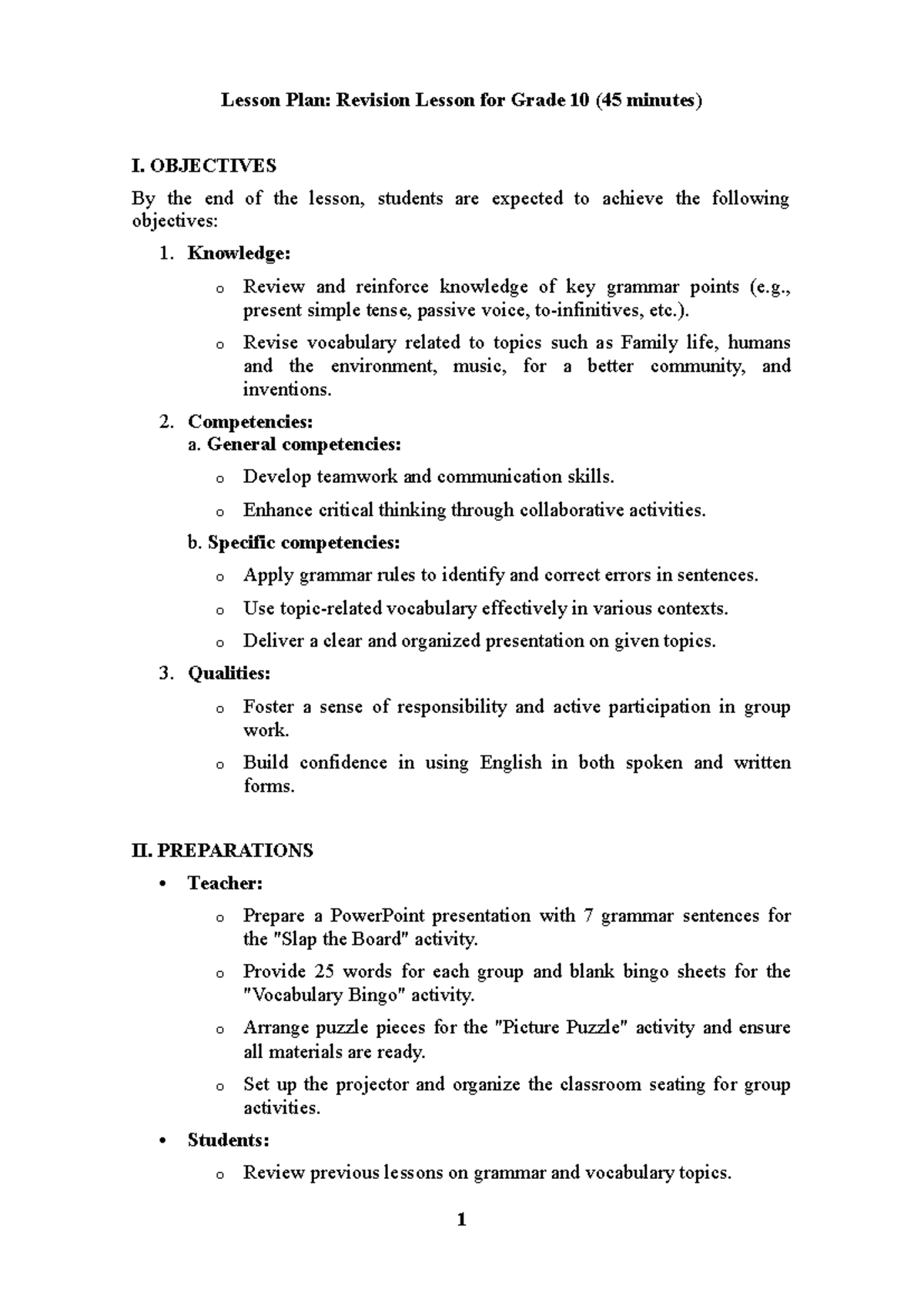 Lesson Plan - Nothing - Lesson Plan: Revision Lesson for Grade 10 (45 ...