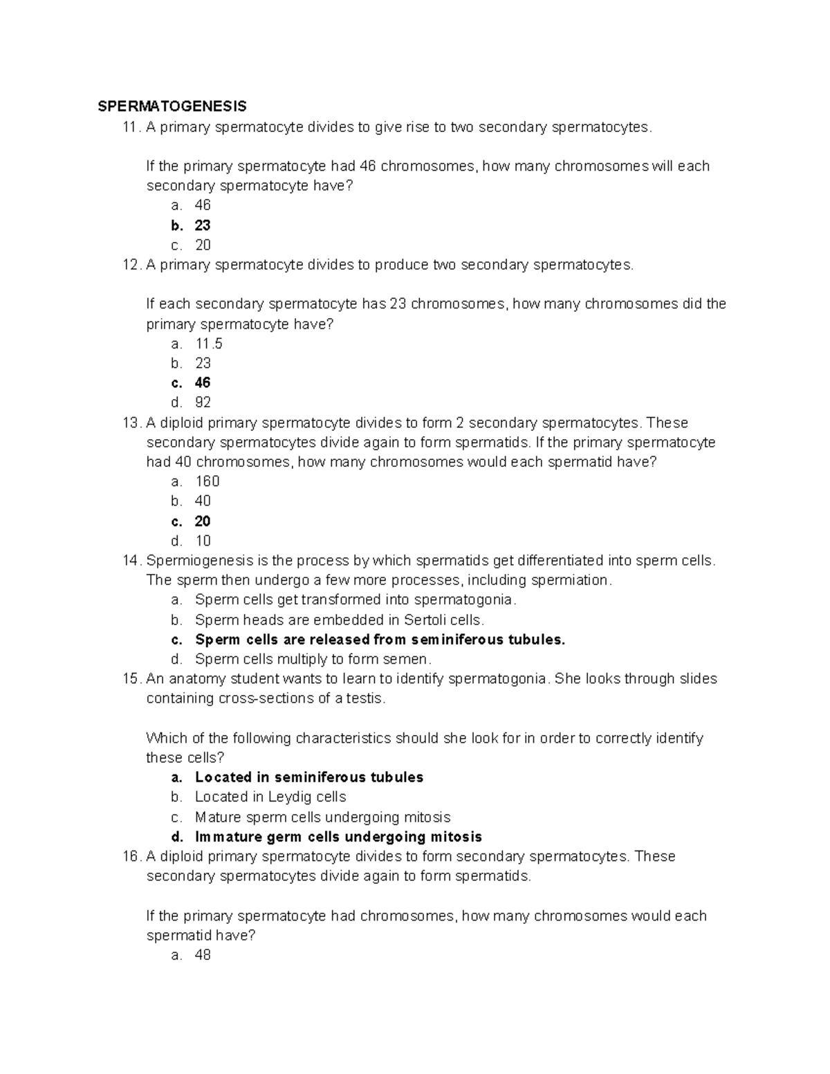 Dev Bio Practice Questions Part 2: Spermatocyte Division and Chromosome ...