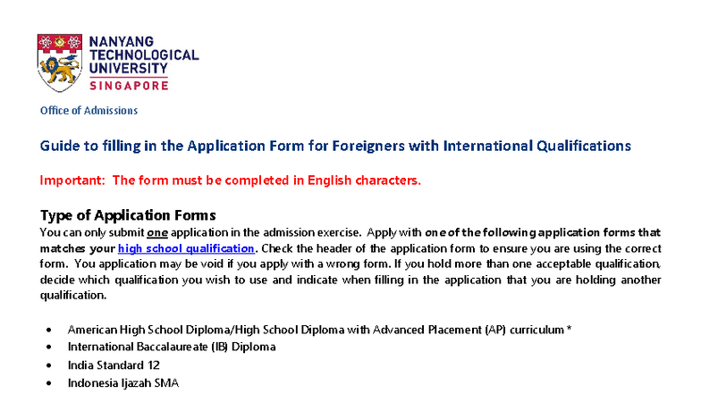 NTU International Application Form Guide for Foreign Students - Studocu