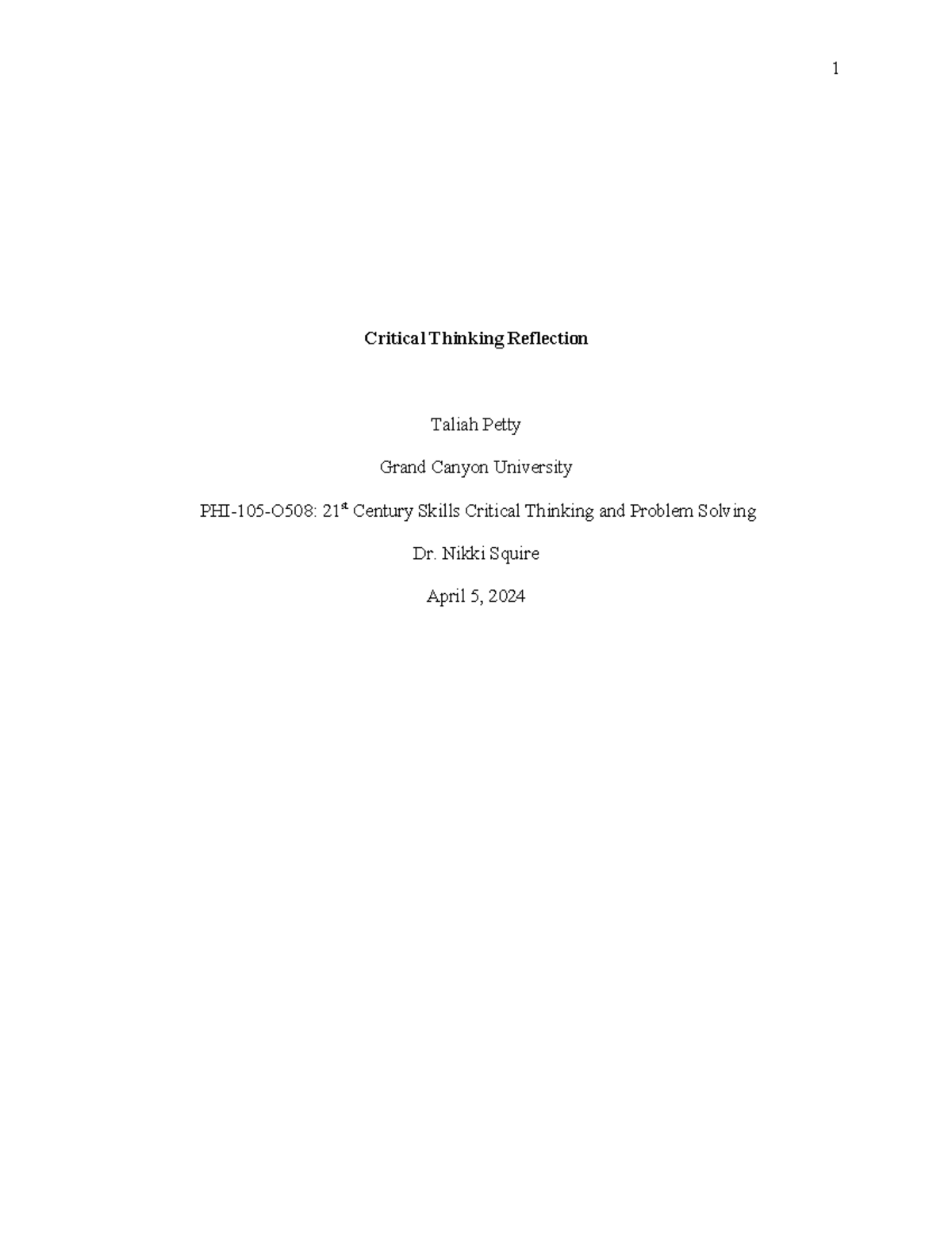 PHI-105 Critical Thinking Reflection Essay: Skills and Improvement ...