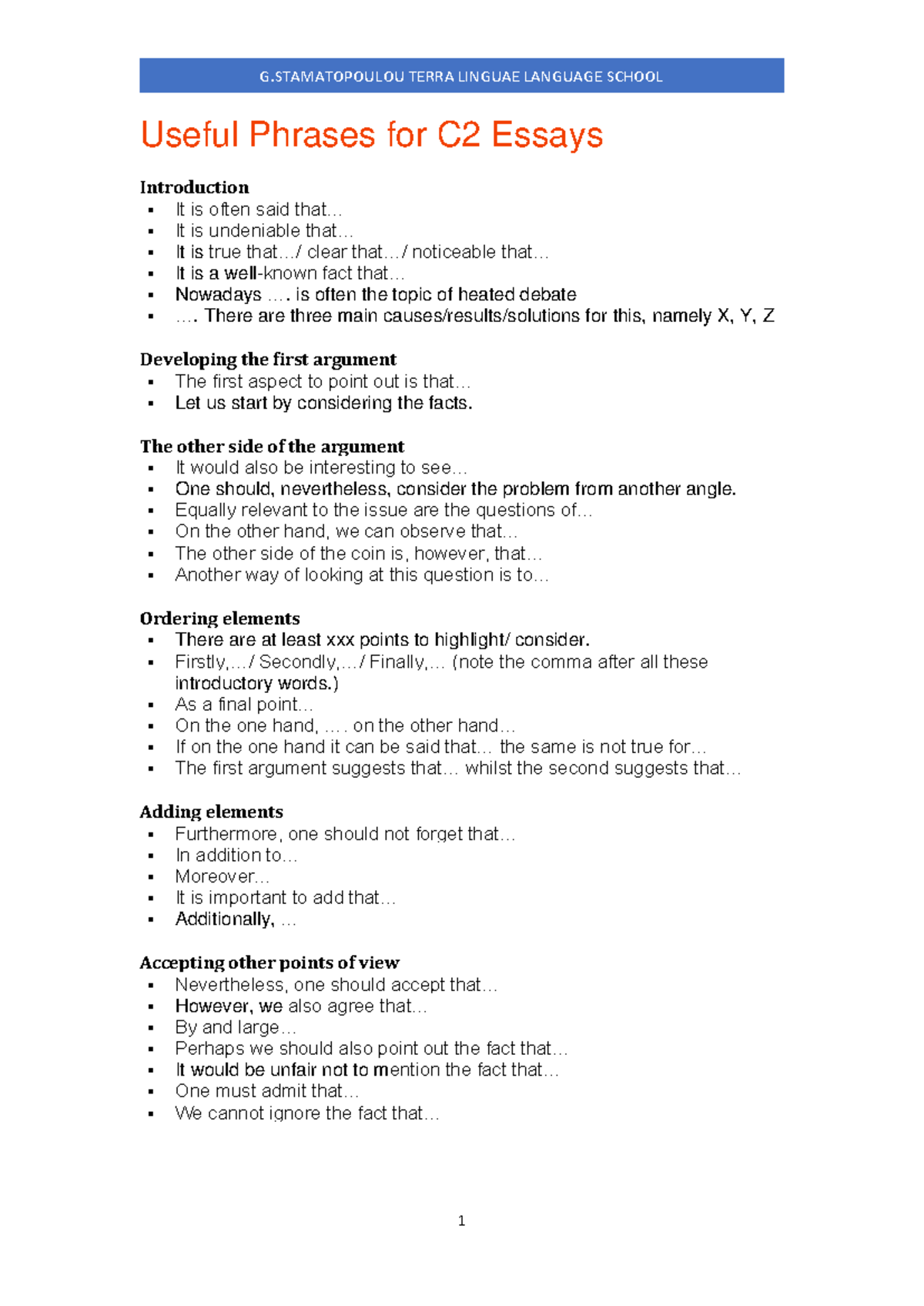 C2 Essay Writing: Useful Phrases for Effective Argumentation - Studocu