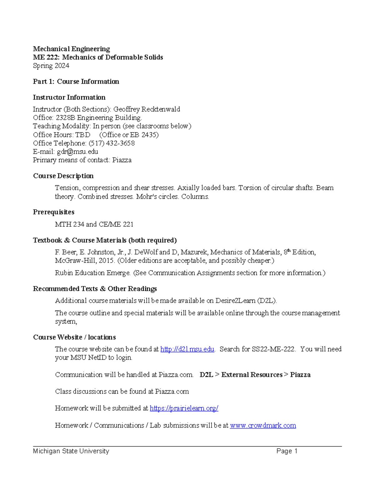 ME222 Mechanics of Deformable Solids Syllabus Spring 2024 - Studocu