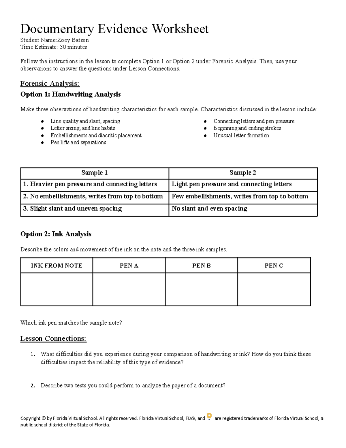 Forensic Analysis Worksheet: Handwriting & Ink Analysis (01 04) - Studocu