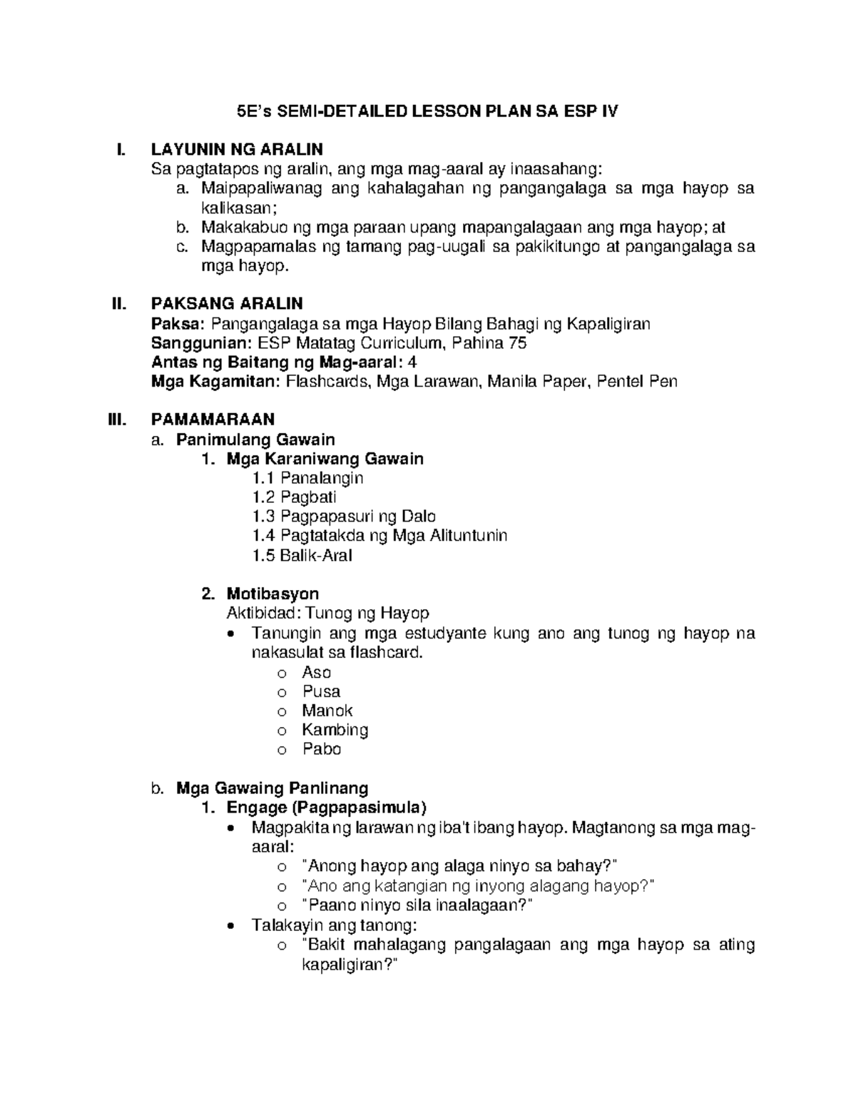 5ES ESP IV - Semi-Detailed Lesson Plan on Animal Care - Studocu