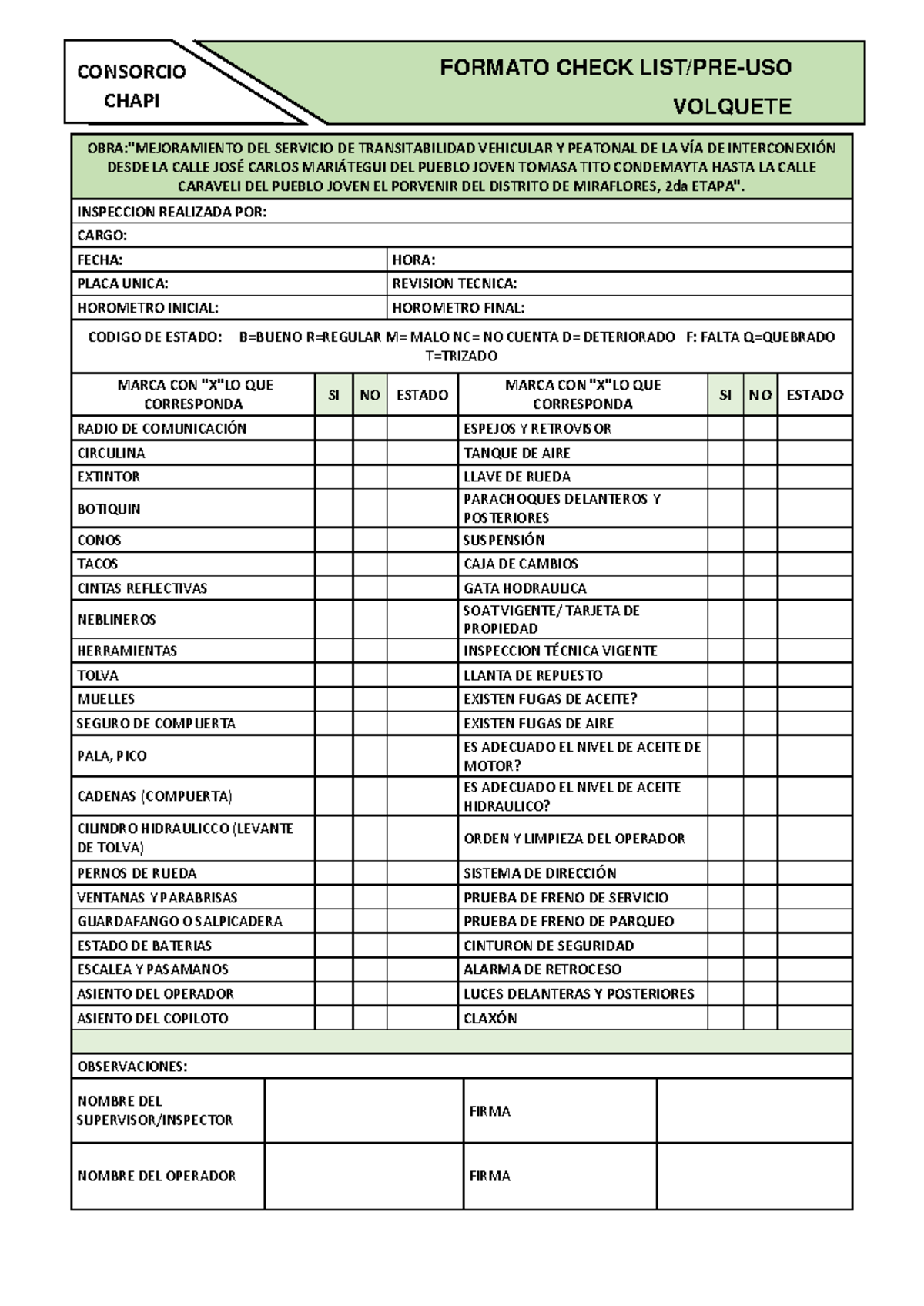 Check LIST Volquete - Verificación Pre Uso Maquinaria Pesada - Studocu