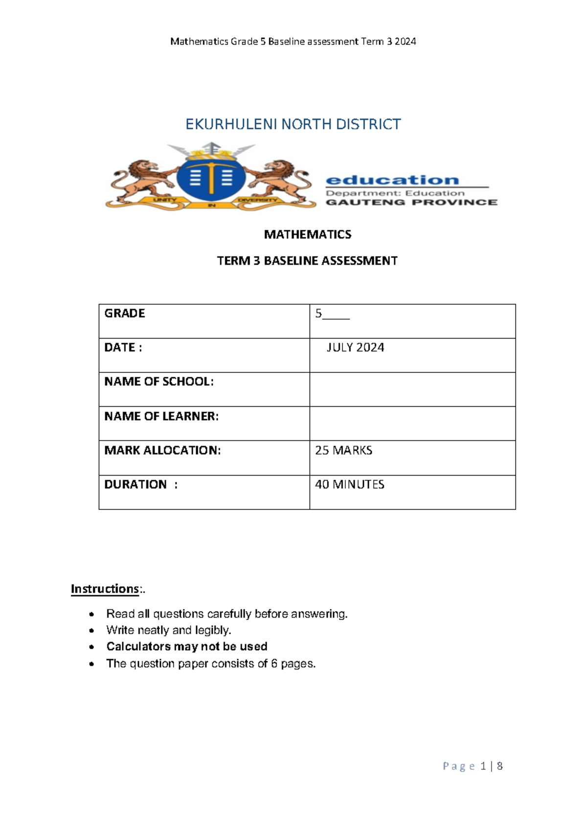 Grade 5 Term 3 Mathematics Baseline Assessment (2024) - Studocu
