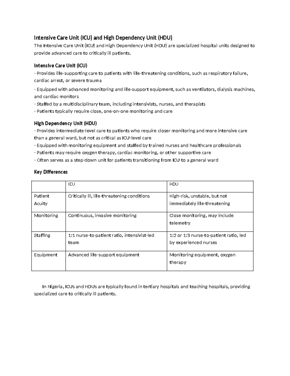 ICU & HDU Overview: Critical Care Units Explained - Studocu
