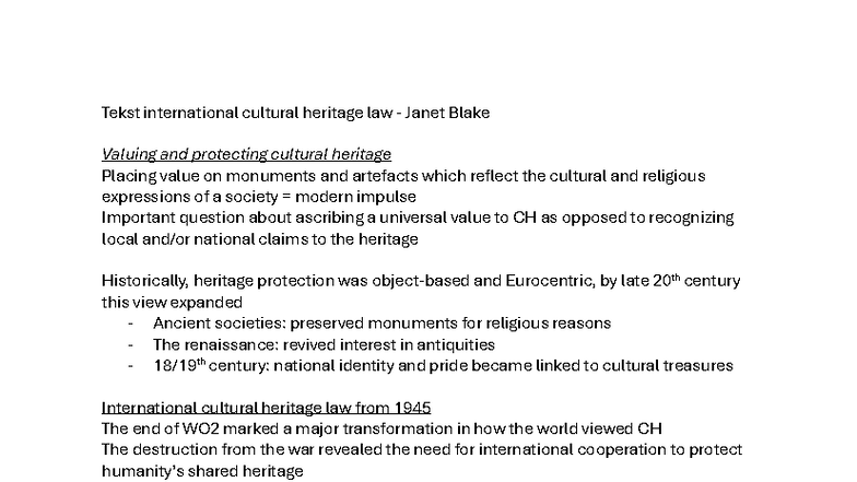 Samenvatting: Internationaal Cultureel Erfgoedrecht (Janet Blake) - Studocu