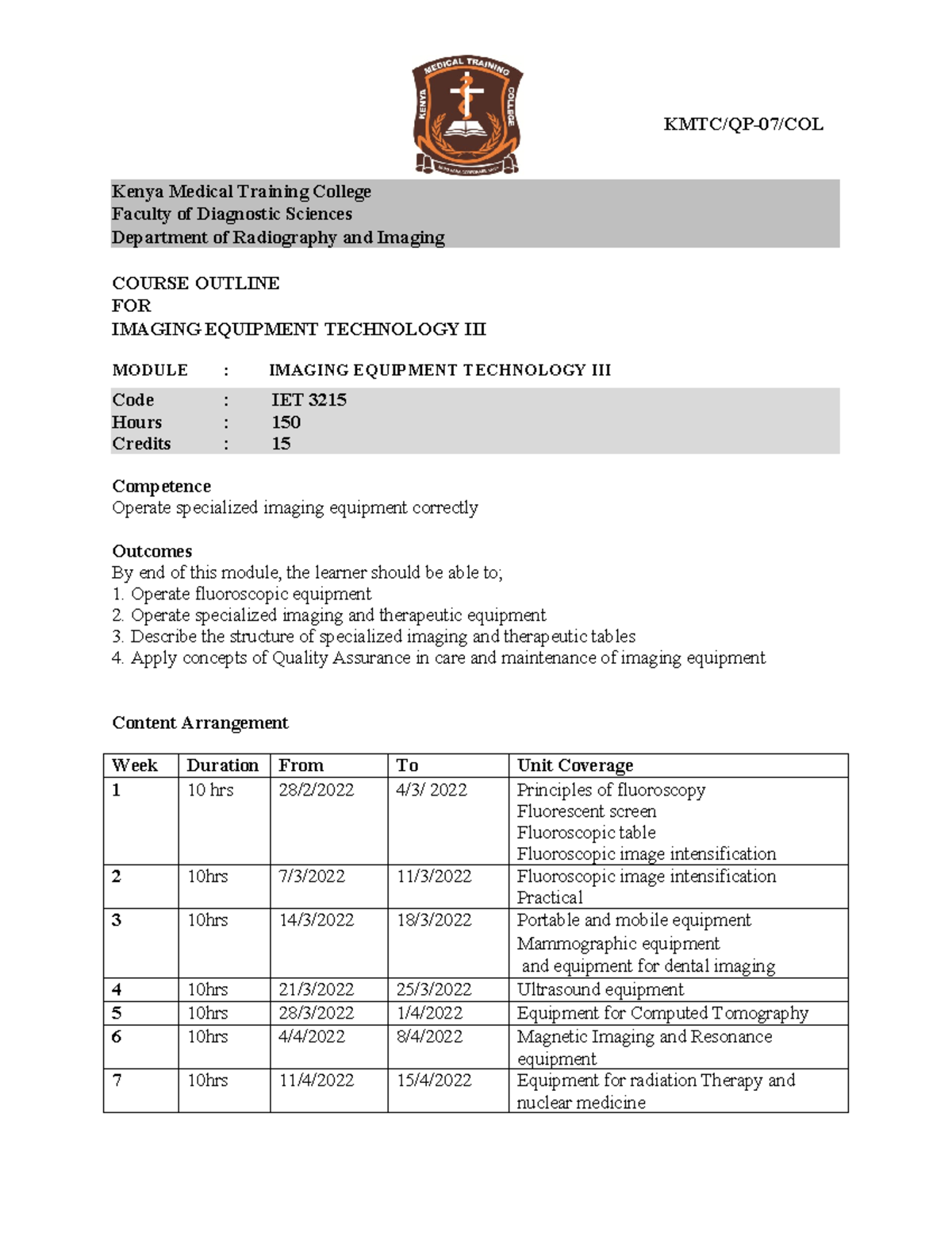 IET 3215 Course Outline for Imaging Equipment Technology III - Studocu
