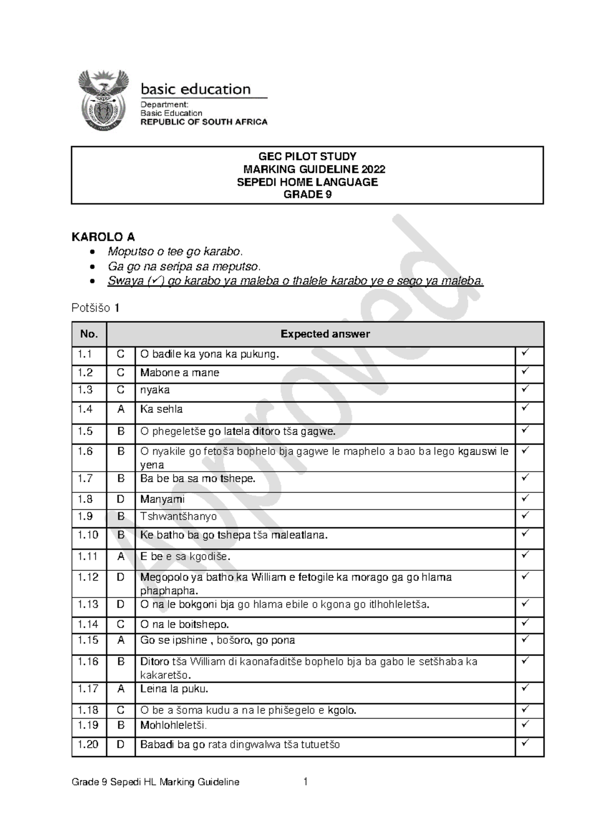 Grade 9 Sepedi HL Marking Guideline 2022 - Exam Memo - Studocu