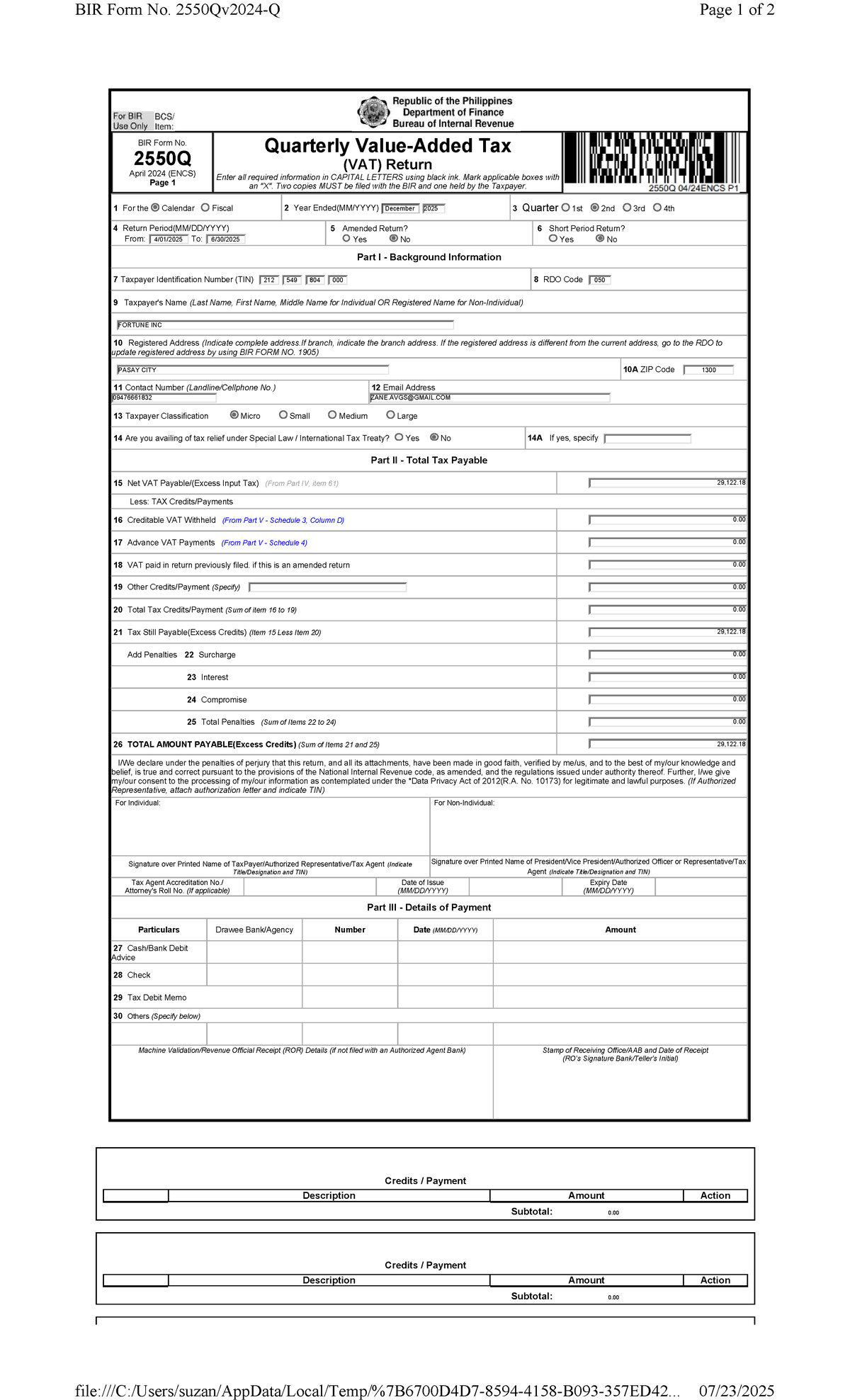 BIR Form 2550Q Quarterly VAT Return Q2 2025 (ENCS) - Studocu