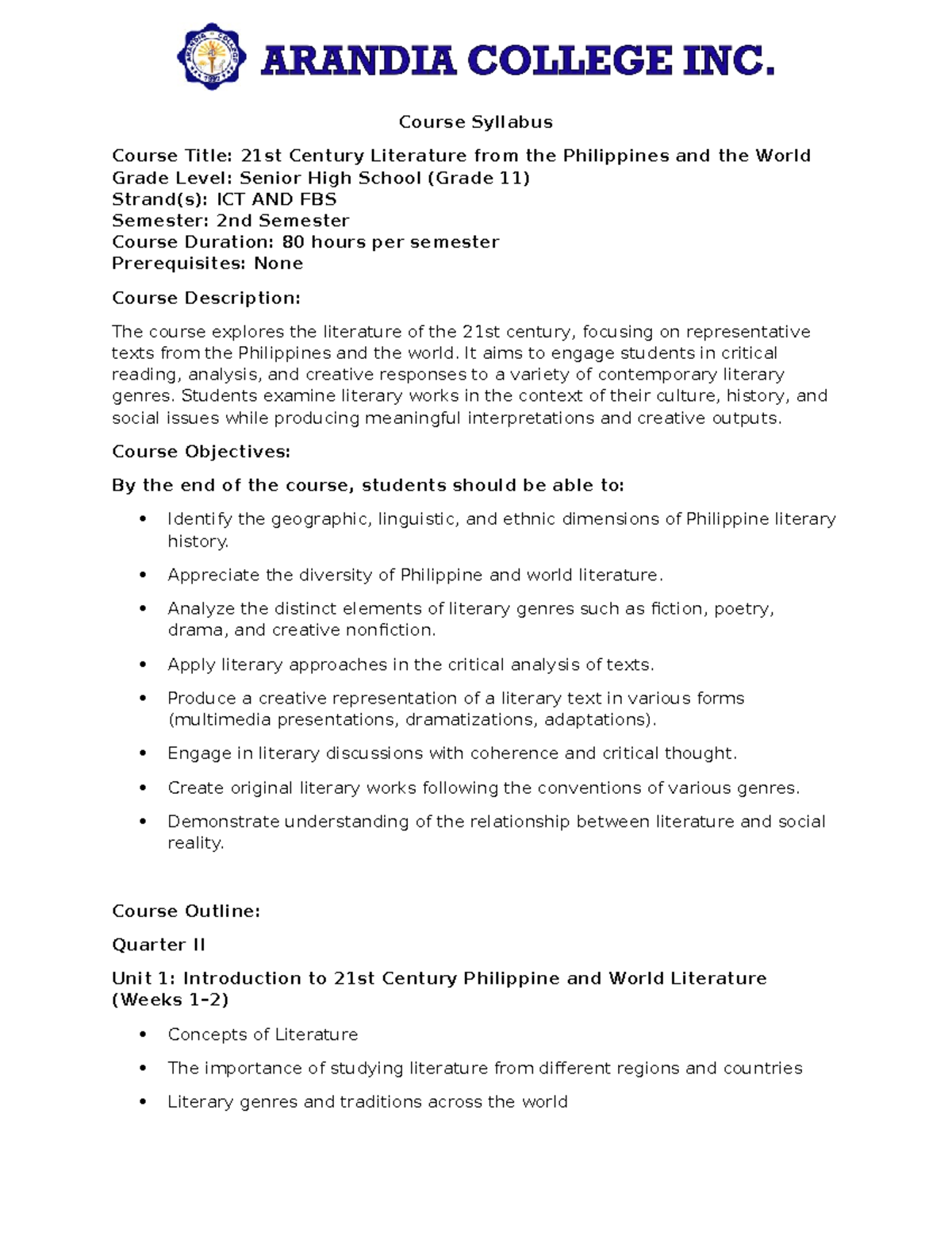 Syllabus: 21st Century Literature (Grade 11, 2nd Sem) - Studocu