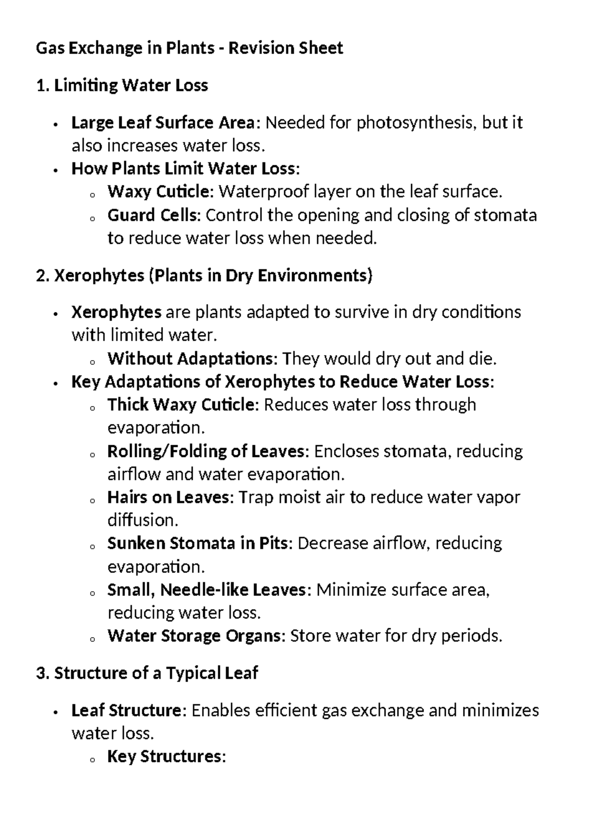 Gas Exchange in Plants: Revision Notes on Water Loss Adaptations - Studocu