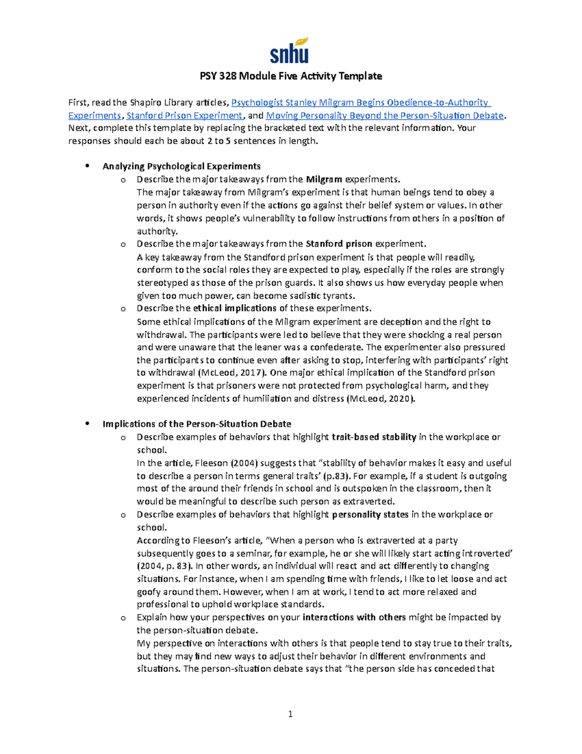 PSY 328 Module Five Activity Template - PSY 328 Module Five Activity Template First, read the ...
