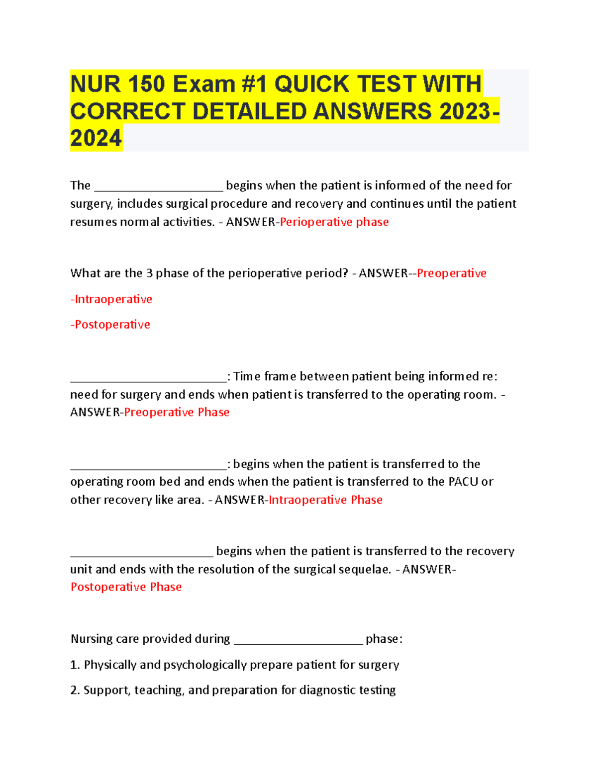 NUR 150 Final Exam Quick Test with Detailed Correct Answers - Studocu