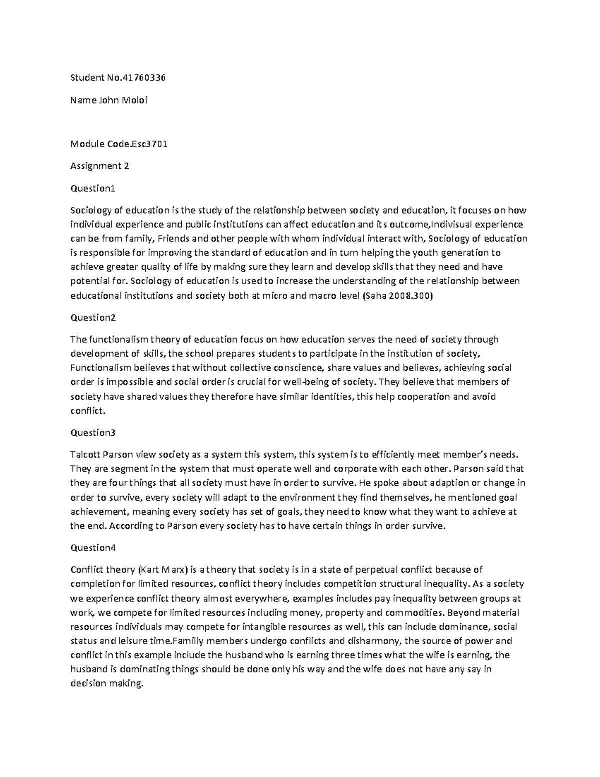 Sociology assignment - Student No. Name John Moloi Module Code ...