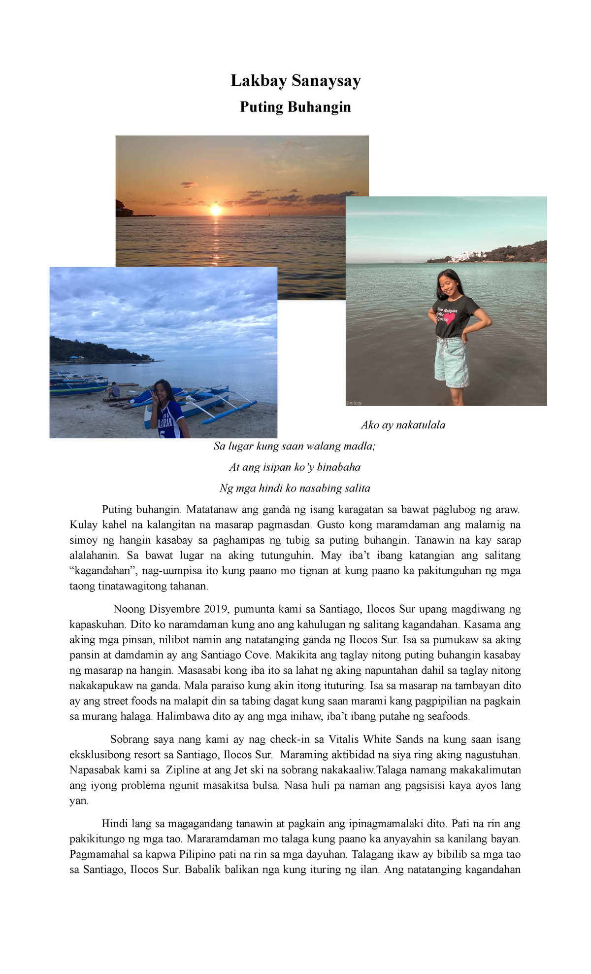 Lakbay Sanaysay: Karanasan sa Puting Buhangin, Ilocos Sur - Studocu