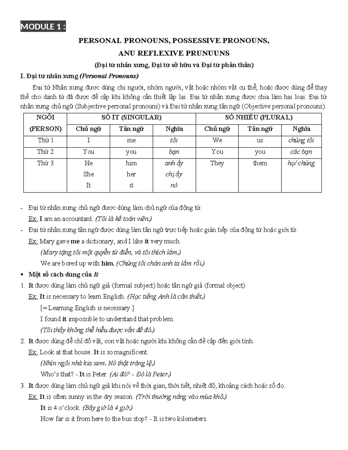 Module 1: Personal Pronouns, Possessive Pronouns, and Reflexive ...