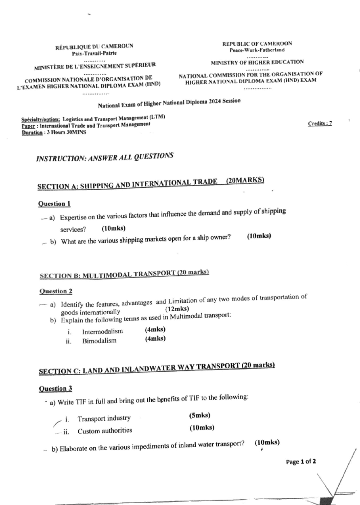 HND 2024 LTM National Exam Paper: Logistics and Transport Management ...