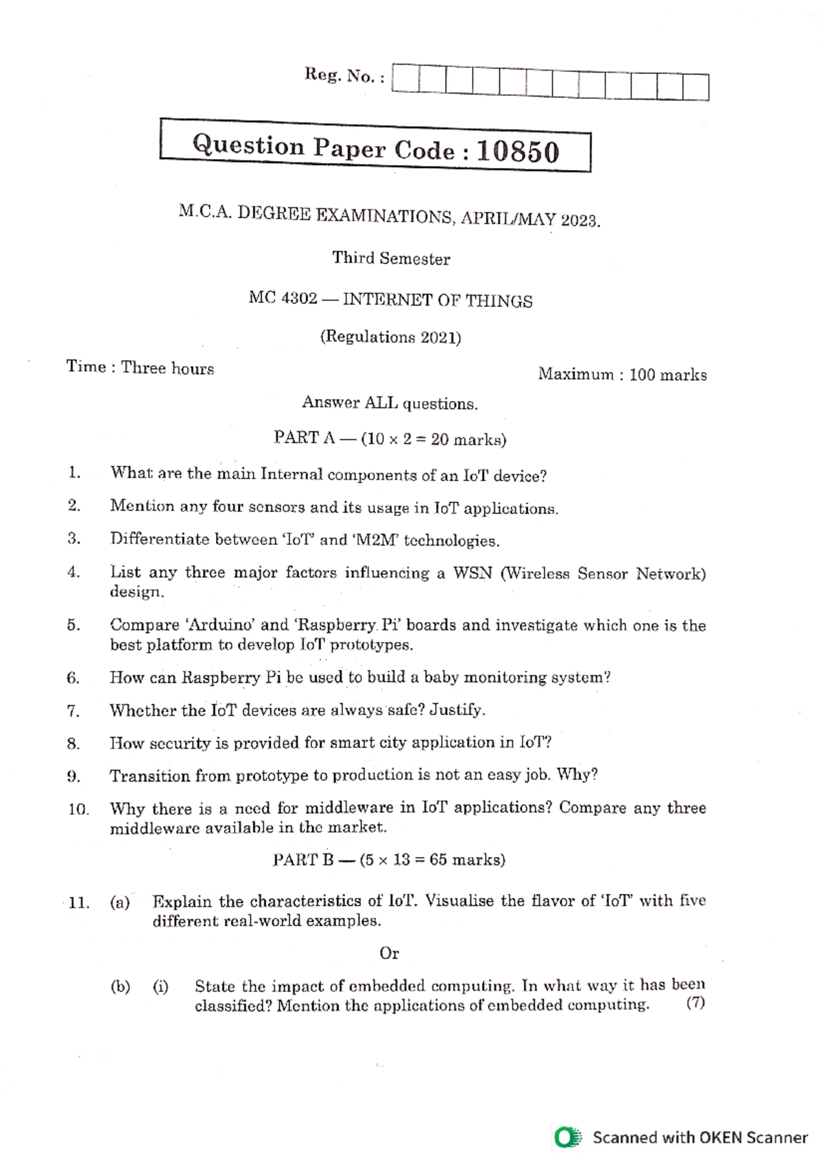 MC4302 2 - 2023 Third Sem IoT Question Paper & Exam Queries - Studocu