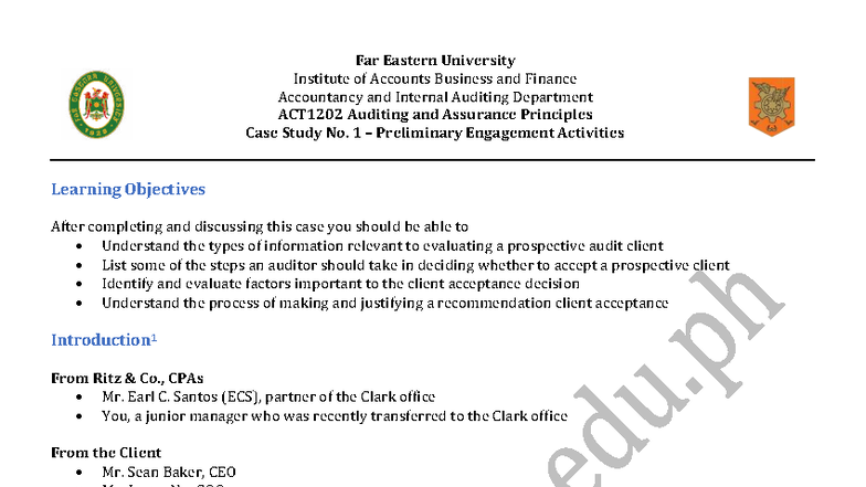 ACT1202 Auditing & Assurance Principles: Case Study 1 - Client ...