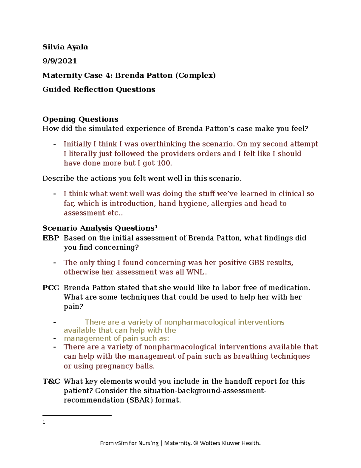 VSIM Maternity Case 04: Brenda Patton - Complex GRQ Reflection - Studocu