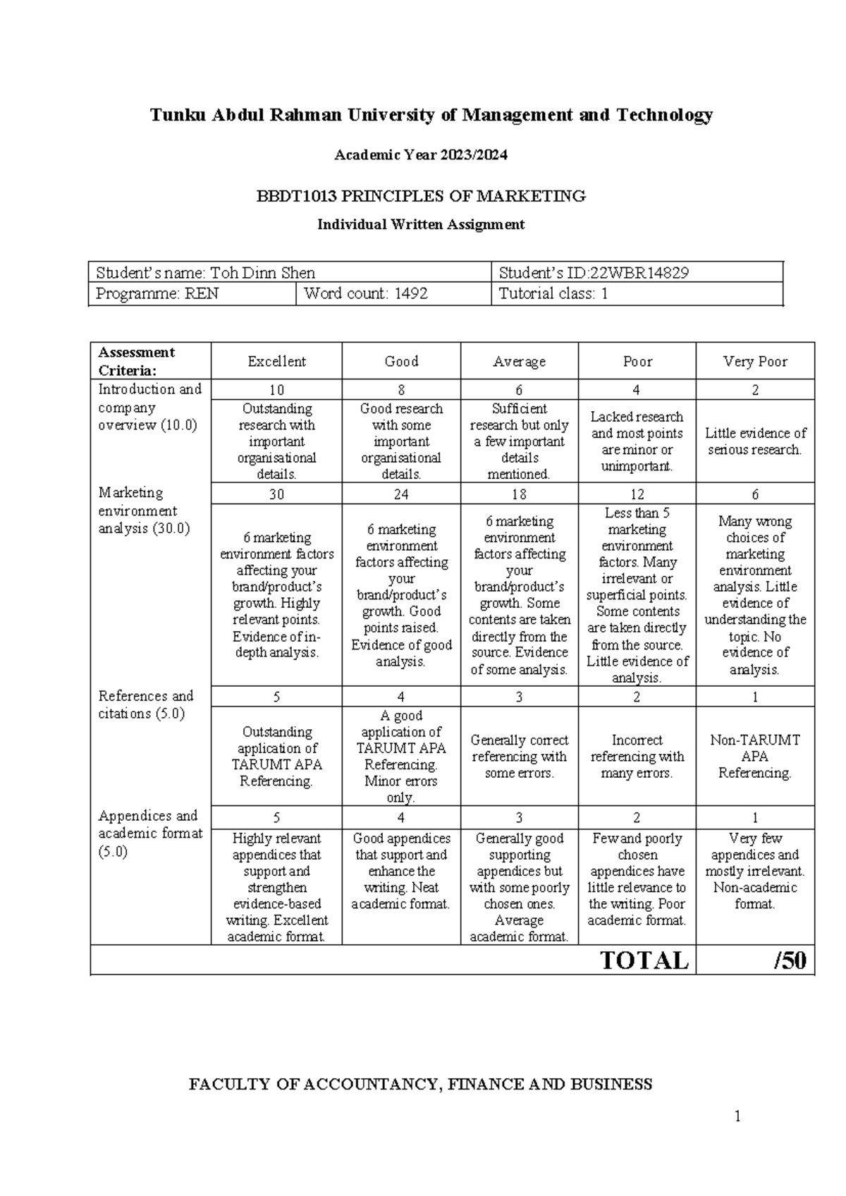 BBDT1013 Principles of Marketing: Individual Assignment by Toh Dinn ...